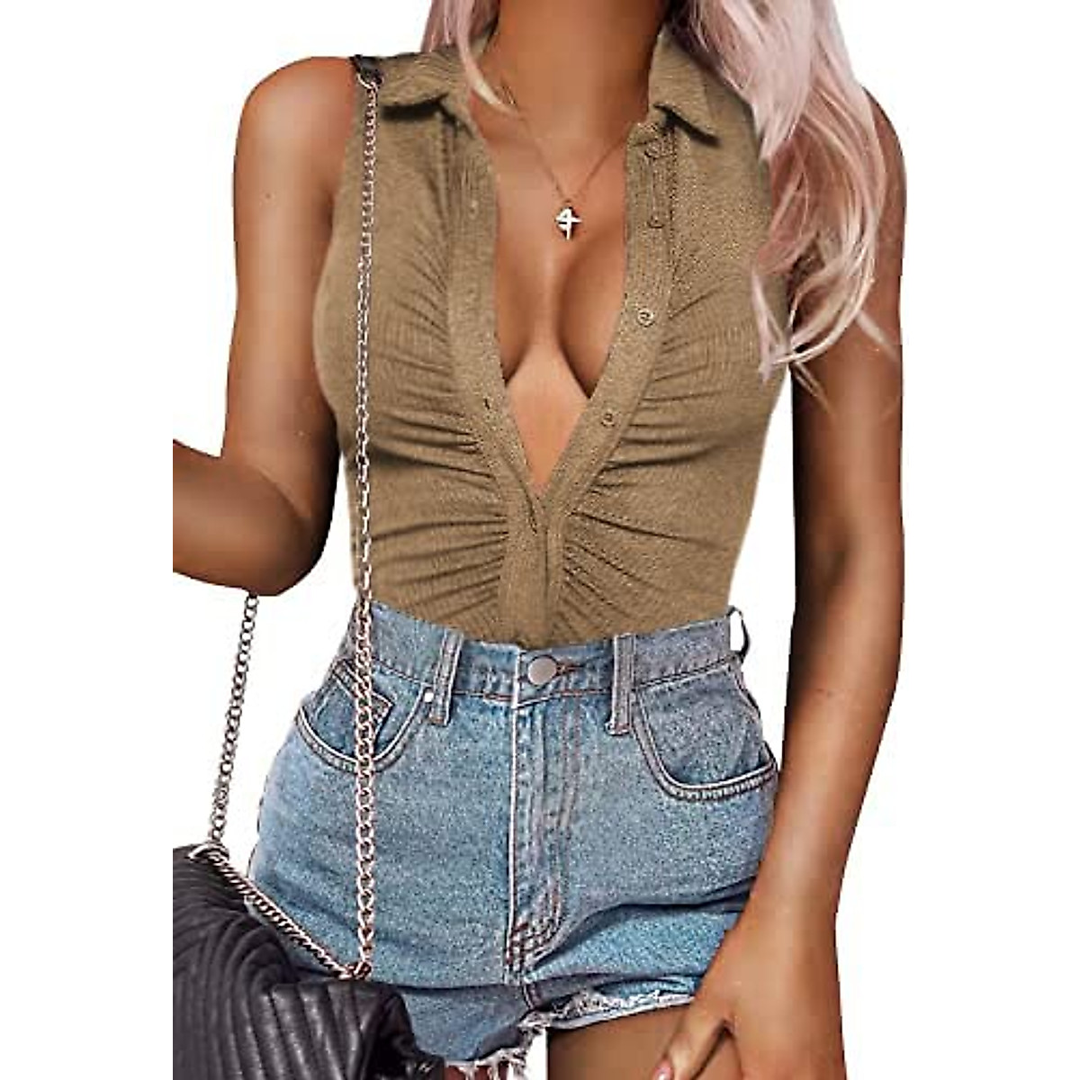 Women's Henley Shirt Sexy V Neck Button Down Ribbed Sleeveless Bodysuits Collared Leotard Tops