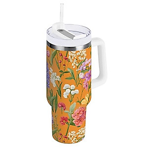 linqin Flower Peony Orange Vacuum Tumbler Insulated with Straw Lid 30 oz Water Bottle with Handle Reusable Mug with Handle for Water, Iced Tea or Coffee