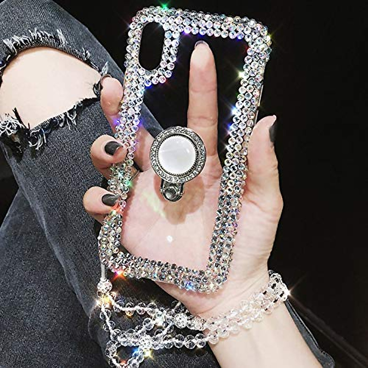 HFICY Sparkly Phone Case with Glass Screen Protector and Crystals Lanyard,Full Bling Diamonds Crystals Soft Protective Cover for Girls Women (Ring holder,for Samsung Galaxy A40)