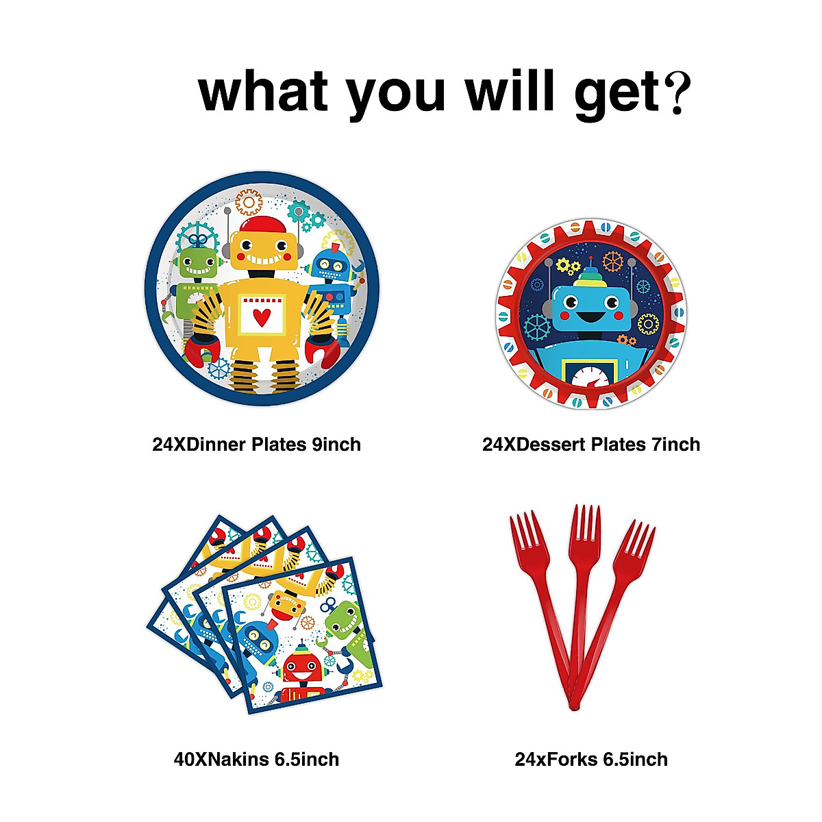 Cartoon Robot Birthday Party Tableware Set Serves 24 - Disposable 7 inch Paper Plates, 9 inch Paper Plates, Napkins, Forks, Robot Theme Wedding Baby Shower Party Supplies for 24 Guests