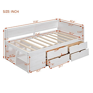 Brisca Twin Size Daybed with Four Drawers and Three Shelves,Multifunction Solid Wood Storage Bed Frame,W/Wooden Slates Support,for Kids Teens,Boys & Girls,No Box Spring Needed,White