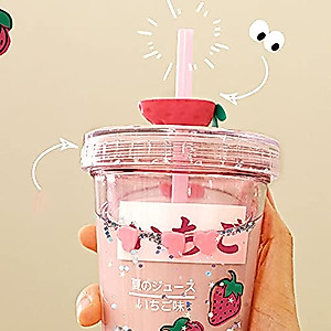 15oz Kawaiis Water Bottles with Straw Reusable Cups No Leak Water Bottle Cute Water Bottles Insulated Travel Tumbler Cup Women Girls Cute Water Bottle Gifts Home School Pink