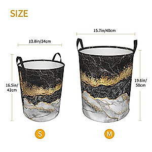 Round Single Black White Gold Foil Marble Dirty Laundry Hamper,Storage Bin Organizer Laundry Hamper Portable Laundry