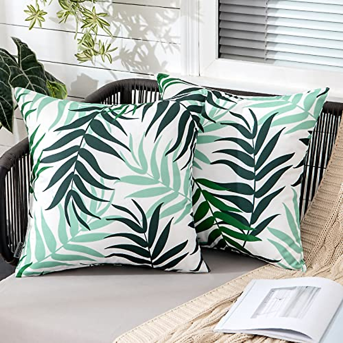 MIULEE Pack of 2 Decorative Outdoor Waterproof Throw Pillow Covers Spring Patio Pillow Cases Natural Leaves Pattern Square Cushion Shams Shell for Garden Balcony Couch 18x18 Inch, Dark Green