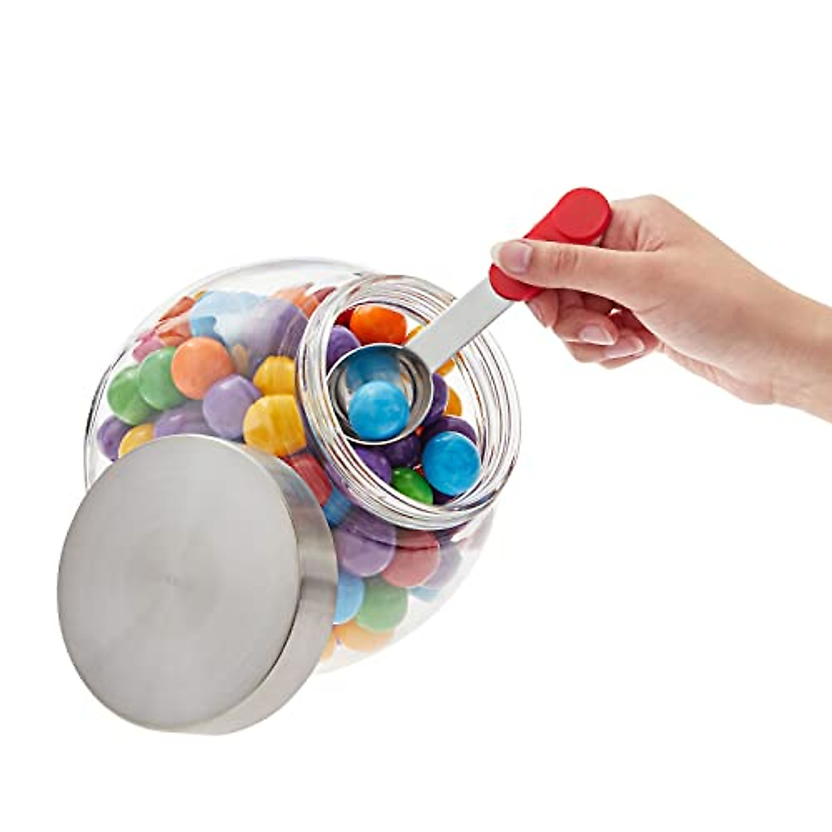 Glass Jar Candy Dispenser with Scoop and Stainless Steel Lid, Penny Jar for Cookies, Nuts, Dry Goods, Jelly Beans, Countertop Food Storage Organization (58 Ounces)