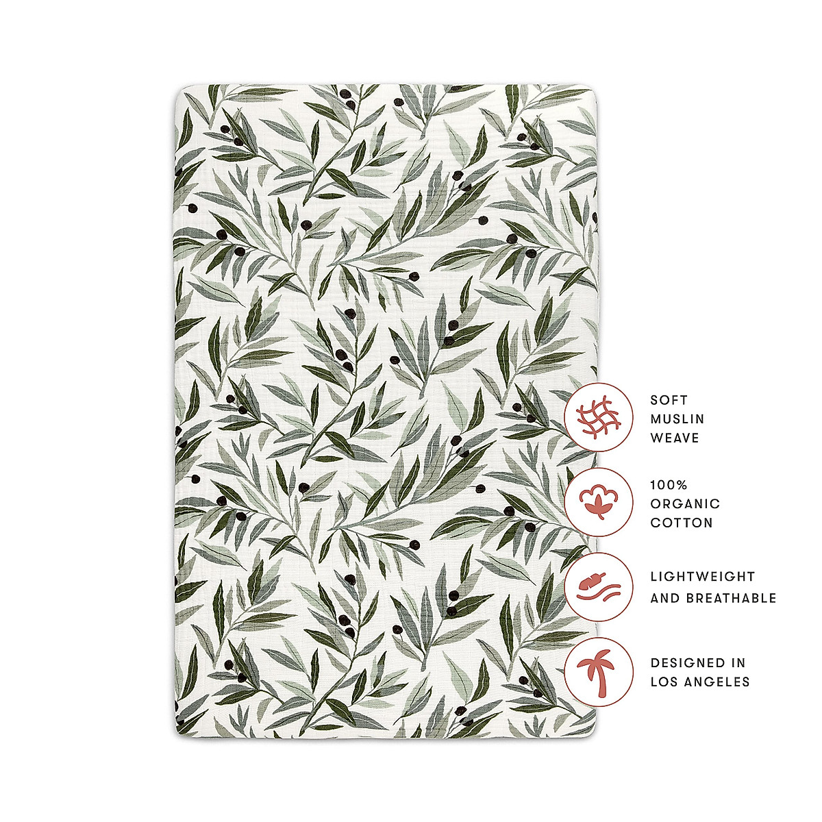 Babyletto 100% Organic Cotton Mini Crib Sheet, GOTS-Certified, Fitted 360°, Ultra-Soft and Breathable Muslin - Olive Branches