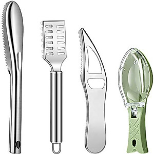 4 Pieces Stainless Steel Fish Scale Remover Cleaner Kitchen Fish Scaler Fish Skin Graters Cleaning Peeler Scaler Scraper with Bottle Opener for Kitchen Fish Cleaning Tools