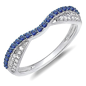 Dazzlingrock Collection 14K Round Blue Sapphire & White Diamond Stackable Wedding Band for Women, White Gold, Size 6