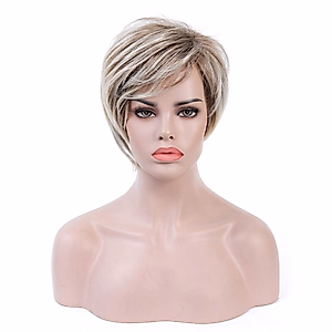 Junbeauty Brown Mixed Blonde Short Layer Nature Curly with Bangs Synthetic Wig Heat Resistant Weave Full Wigs for Women