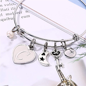 Initial Bangle Bracelets For Women - Heart Charm Engraved Letter C Initial Bracelet Stainless Steel Charms Expandable Wire Bracelets Birthday Jewelry Gifts for Women Teen Girls Girls Teenager