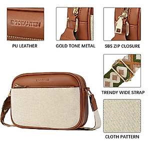 BOSTANTEN Quilted Crossbody Bags for Women Vegan Leather Purses Small Shoulder Handbags with Wide Strap Brown with Cloth Pattern