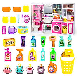 TEMI 4-in-1 Mini Bathroom Playset with Lights & Sounds, Pink Play Dressing Table Toy Set, Furniture, Bathroom Accessories, Pretend Role Play Toys for Boys Girls