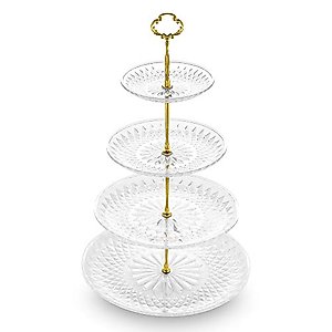 NWK 3/4-Tier Cupcake Stand with Crystal-Clear Plastic Plates and Metal Struts Dessert Stable Tower Display Rack Serving Tray for Wedding Birthday Bridal Shower Autumn NYE Tea Party (Gold)