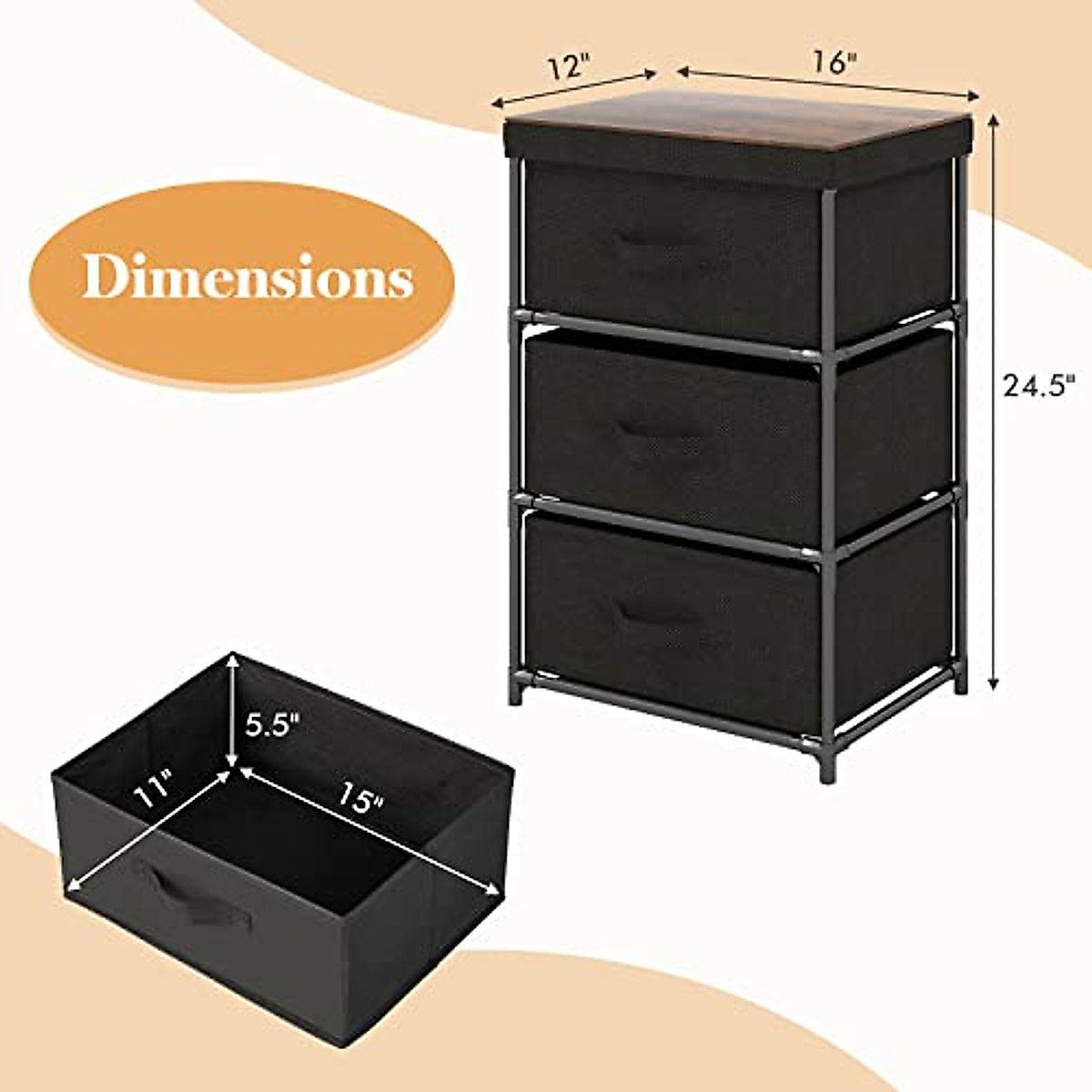 Giantex Nightstand with 3 Fabric Drawers, 24.5" Tall Bedside Table with Removable Lid for Bedroom, Study, Storage Dresser Organizer, Easy Assembly, Black and Rustic Brown