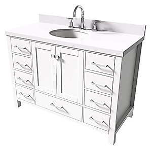 ARIEL Bathroom Vanity 49" Inch in White with Pure White Quartz Countertop, Oval Sink, 2 Soft Closing Doors and 9 Full Extension Dovetail Drawers, No Mirror