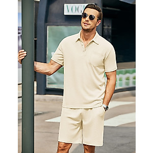 COOFANDY Men's Waffle Knit Polo Shirt and Shorts Set 2 Pieces Outfits Summer Suit Casual Tracksuit with Pockets