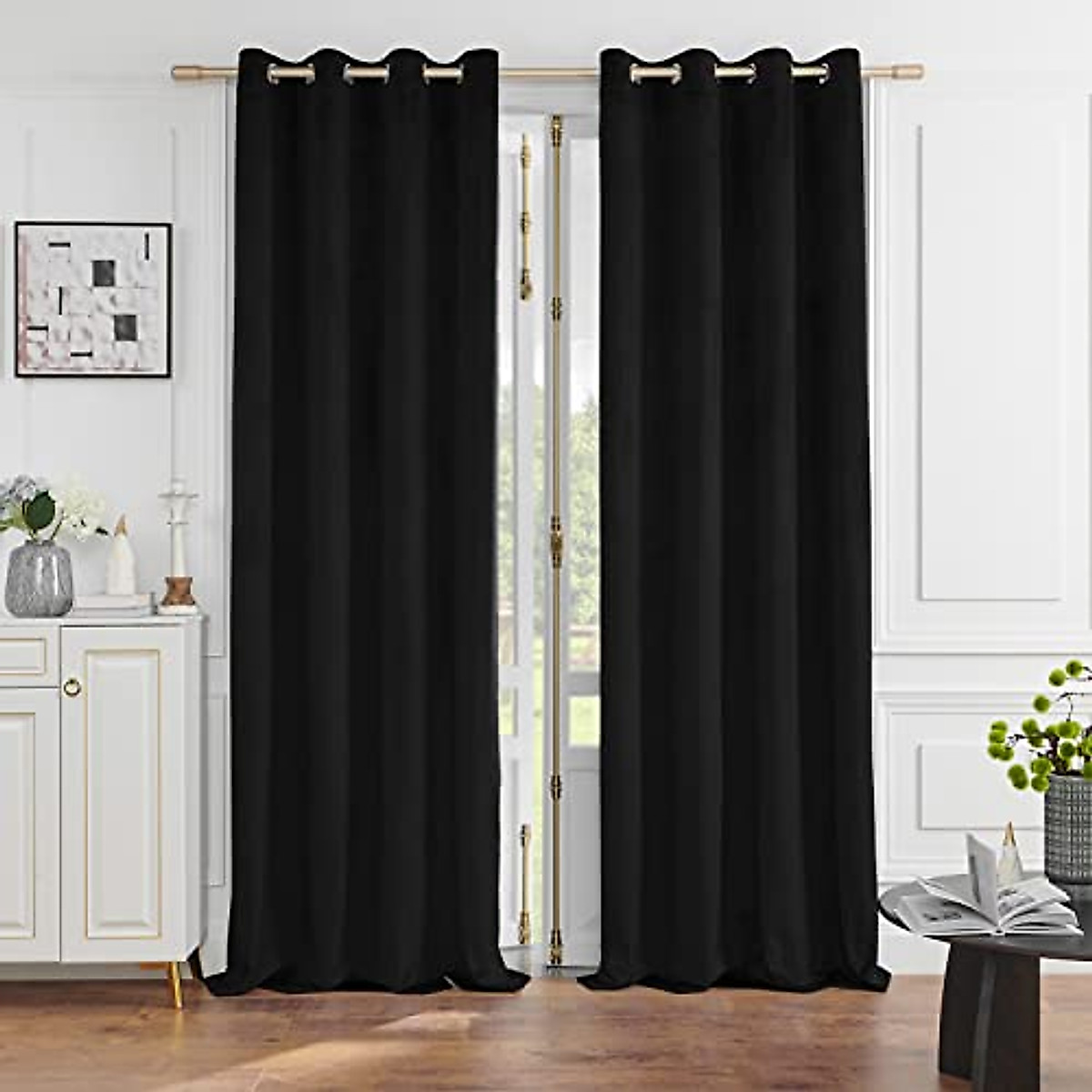 Topfinel Black Blackout Velvet Curtains 90 inches Long for Living Room, Grommet Brightens Thick Vertical Backdrop Drapes for Cinema/Room Dividers, W52 x L90 Each Panel, 2 Panels