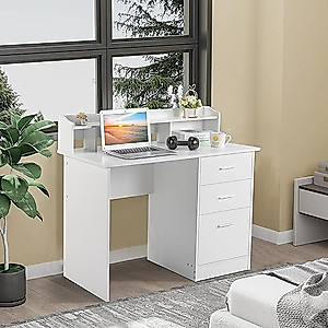 Karl home White Computer Desk with Drawers ＆ Hutch, Modern Home Office Desks with Storage for Kids Students Teens, Small Wood Table for Work Study Gaming Writing, PC Laptop Workstation