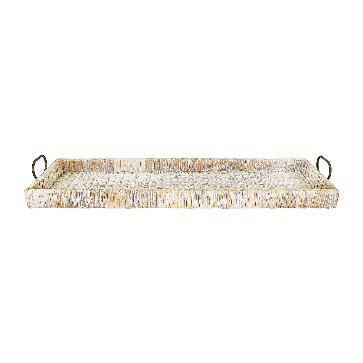Creative Co-Op Oversize Decorative Rattan Tray with Metal Handles, Tan, Whitewashed