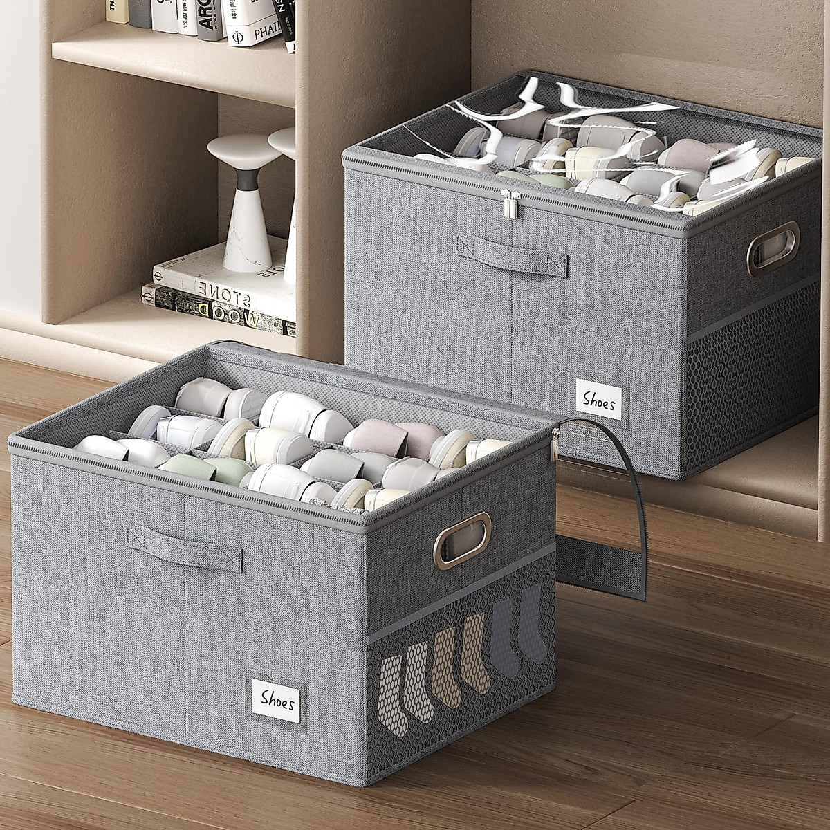 2 Pack Shoe Organizer for Closet Large Shoe Box Storage Containers with Clear Window Space Saving Shoe Bin with Foldable Bottom Support Adjustable Dividers Fits 32 Pairs (Grey, (19.7x15.7x13inch) x2)