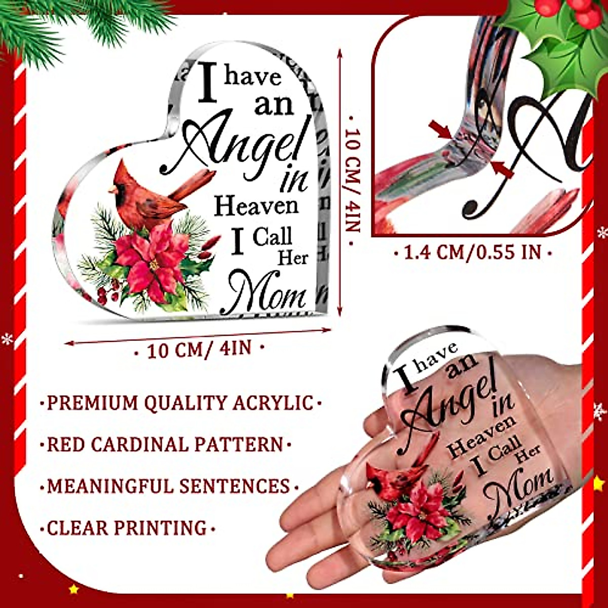 Red Memorial Cardinal Gift Sympathy Bereavement Gift Dad/Mom in Heaven Christmas Cardinal Memorial Gifts for Loss of Mom/Dad in Memory of Mom Gift Christmas in Heaven Remembrance Gifts (Mom)