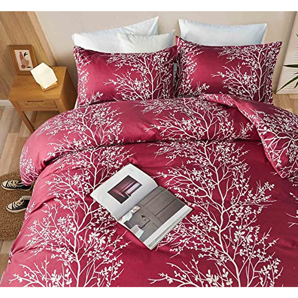 NANKO Burgundy Red Queen Duvet Cover Set White Floral Tree Branch Pattern Christmas 3pc Size 90x90 Microfiber Comforter Quilt Bedding Cover with Zip Ties - Modern Farmhouse for Men and Women Teen Girl
