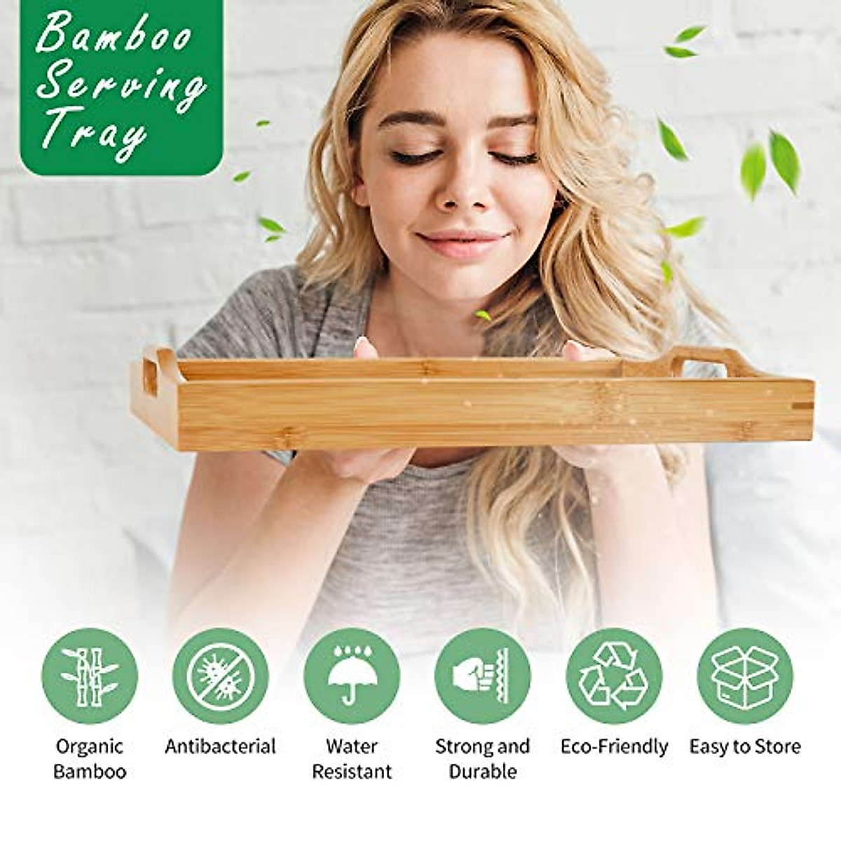 3 Pack Bamboo Serving Tray with Handles, Food Trays for Coffee Breakfast Dinner Tea, Rectangular Wooden Decor Tray Used in Kitchen, Dining Room, Party, Restaurants (Natural)