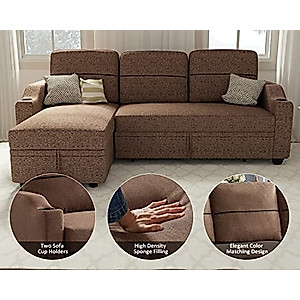 Ucloveria Reversible Sectional Sofa Couch, 82" Sleeper Sofa Bed with Storage Chaise Pull Out Couch Bed for Living Room L-Shape Lounge 2 in 1 Sectional Couch with Cup Holder, Yellow Brown