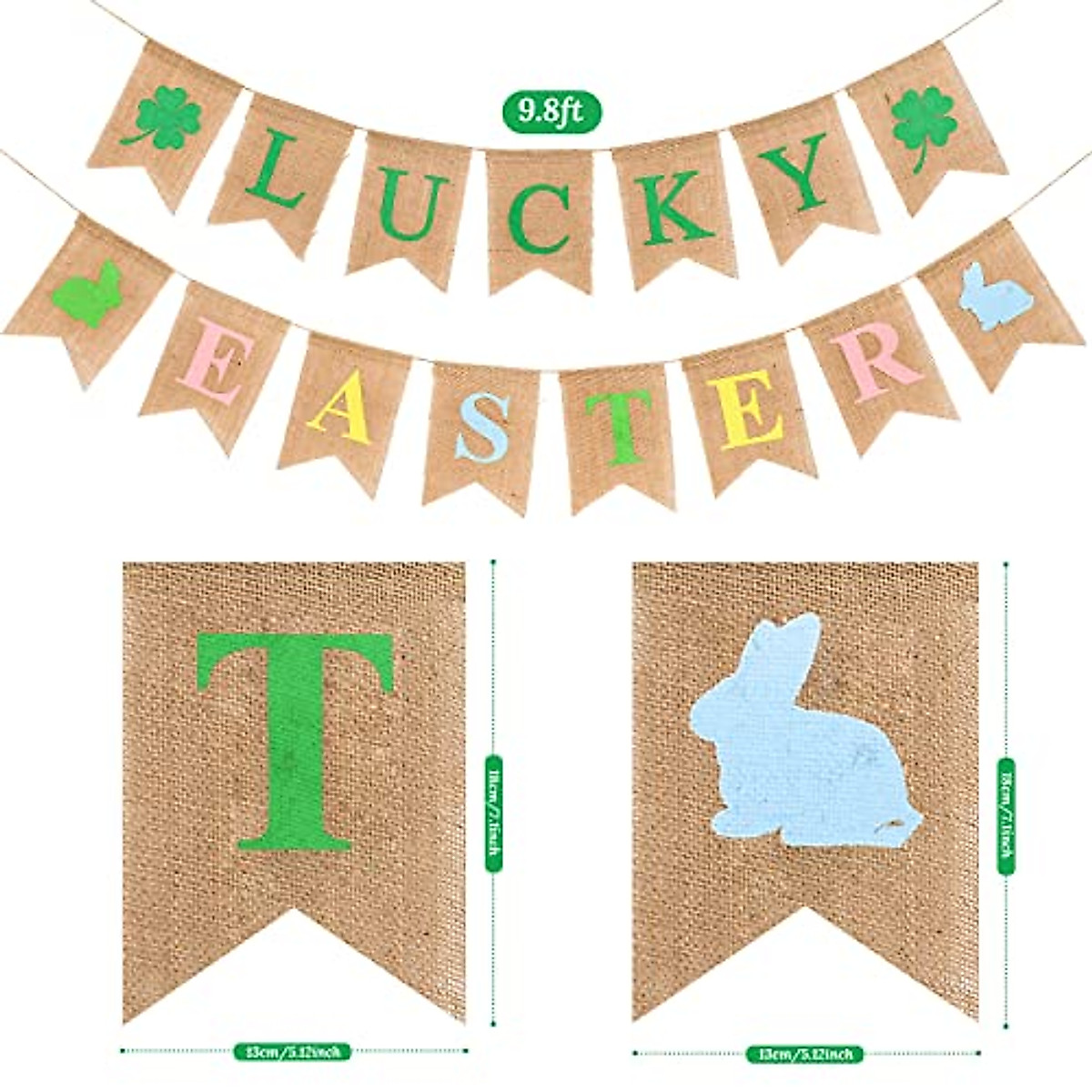 Whaline St. Patrick's Day Banner with String LUCKY Letters Burlap Banner Happy Easter Rabbit Bunting Garland Pre-Assembled Hanging Decoration for Home Party Supplies