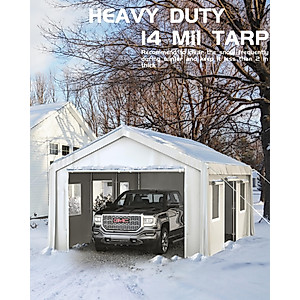 KYBOLT 13 x 20 Ft Heavy-Duty Carport, Portable Garage, 180g PE Waterproof Canopy and 8 x 1.0 mm Poles for Full-Size Pickup Trucks, Boats, and SUVs - White