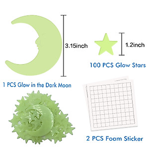 Glow in The Dark Star Stickers 100Pcs Stars for Ceiling,3D Glowing Stars with Moon,Adhesive Glowing Stars for Ceiling,Wall Decorations,Room Decor,Birthday Gift