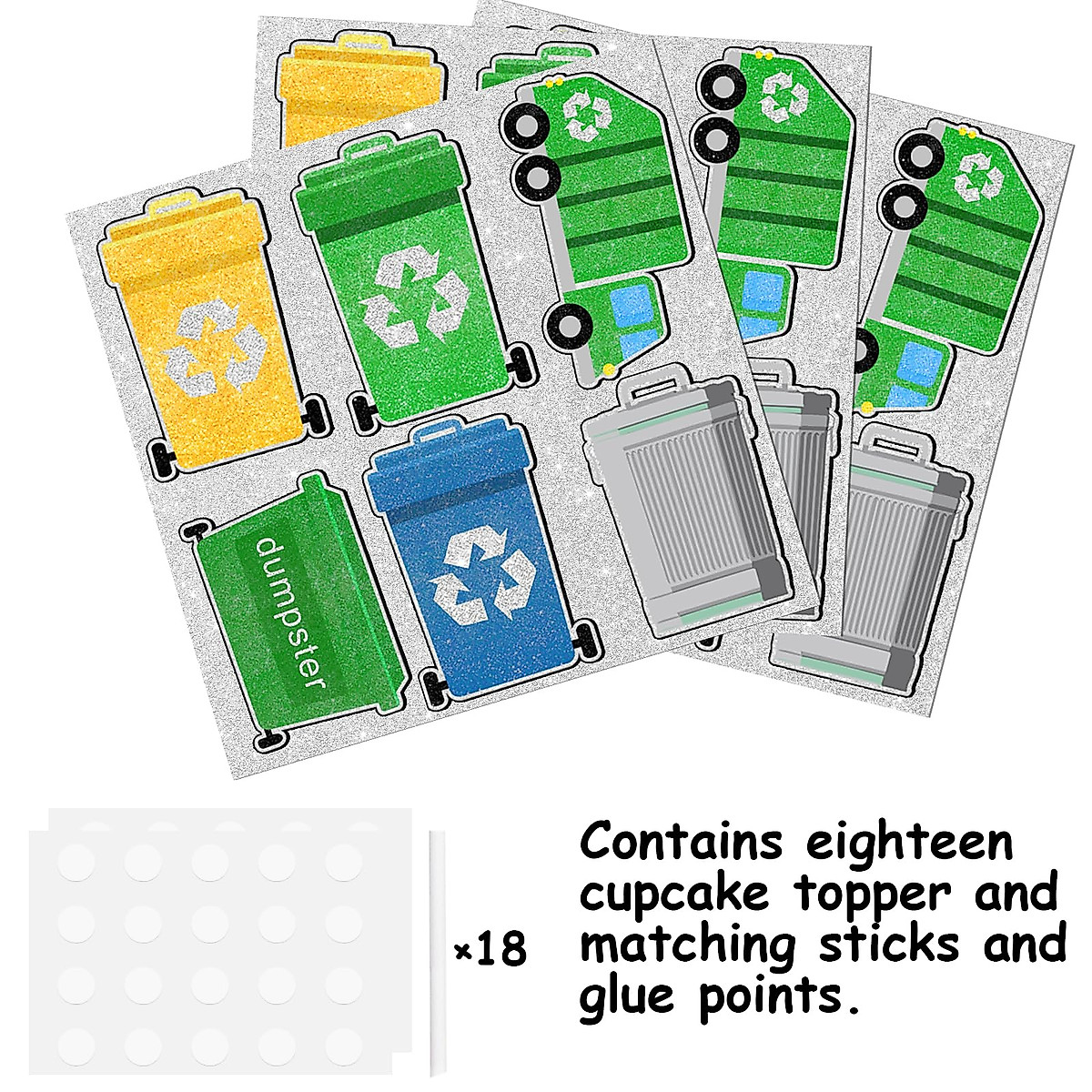 18pcs Green Glitter Dessert Cupcake Topper Garbage Truck Trash Cans Truck Waste Management Recycling Theme Decorations Boy Girl Happy Birthday Party Decor Supplies