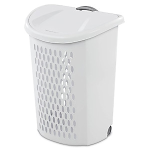 Ultra Wheeled Design Clothes Hamper Laundry Basket, Mind Reader Basket Collection，135 Liter （20 1/8" x 15 3/8" x 26 3/4"）Capacity, White Lid & Base w/Plastic Handle & Wheels.