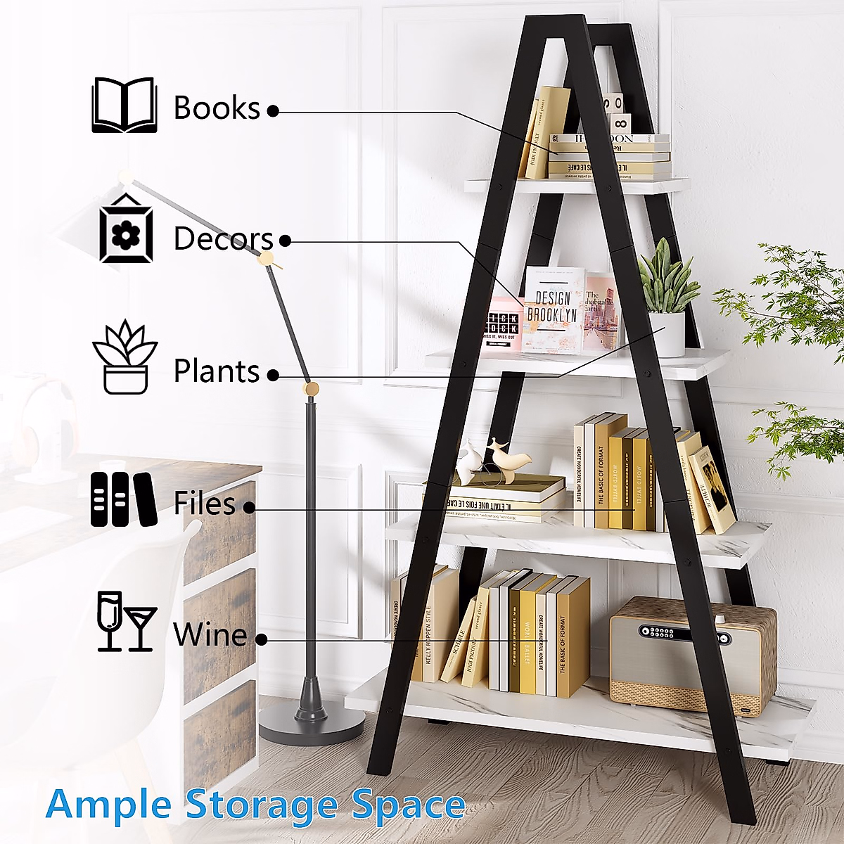 Recaceik 4-Tier Bookshelf, A-Shaped Bookcase Industrial Ladder Shelf Open Display Shelves with Metal Frame, Freestanding Plant Stand Book Shelf Open Storage Organizer for Living Room, Home Office