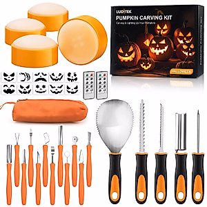 Luditek Pumpkin Carving Kit, 17 PCS Professional Stainless Steel Pumpkin Carving Tools with 4 Electronic Candles Lights and 10 Stencils, Halloween Gifts Jack-O-Lanterns Cutting for Adults Kids