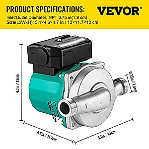 VEVOR Hot Water Recirculating Pump, 93W 110V Water Circulator Pump, Automatic Start Circulating Pump NPT 3/4" w/Brass Fittings, Stainless Steel Head, 3 Speed Control for Electric Water Heater System