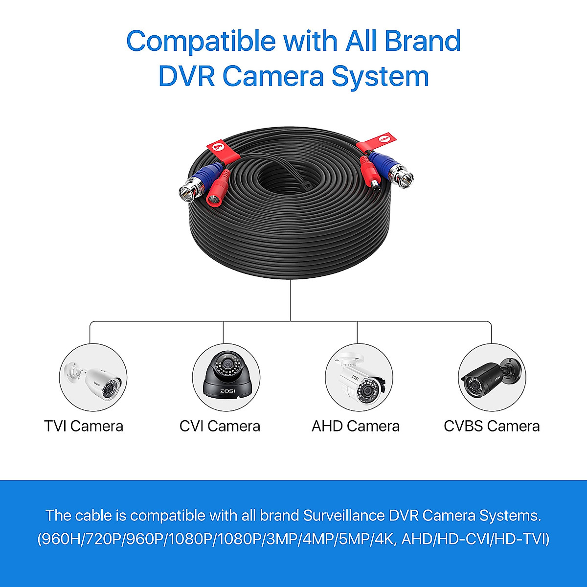 ZOSI 4 Pack 100ft (30 Meters) 2-in-1 Video Power Cable, BNC Extension Surveillance Camera Cables for Video Security Systems (Included 4X BNC Connectors and 4X RCA Adapters)