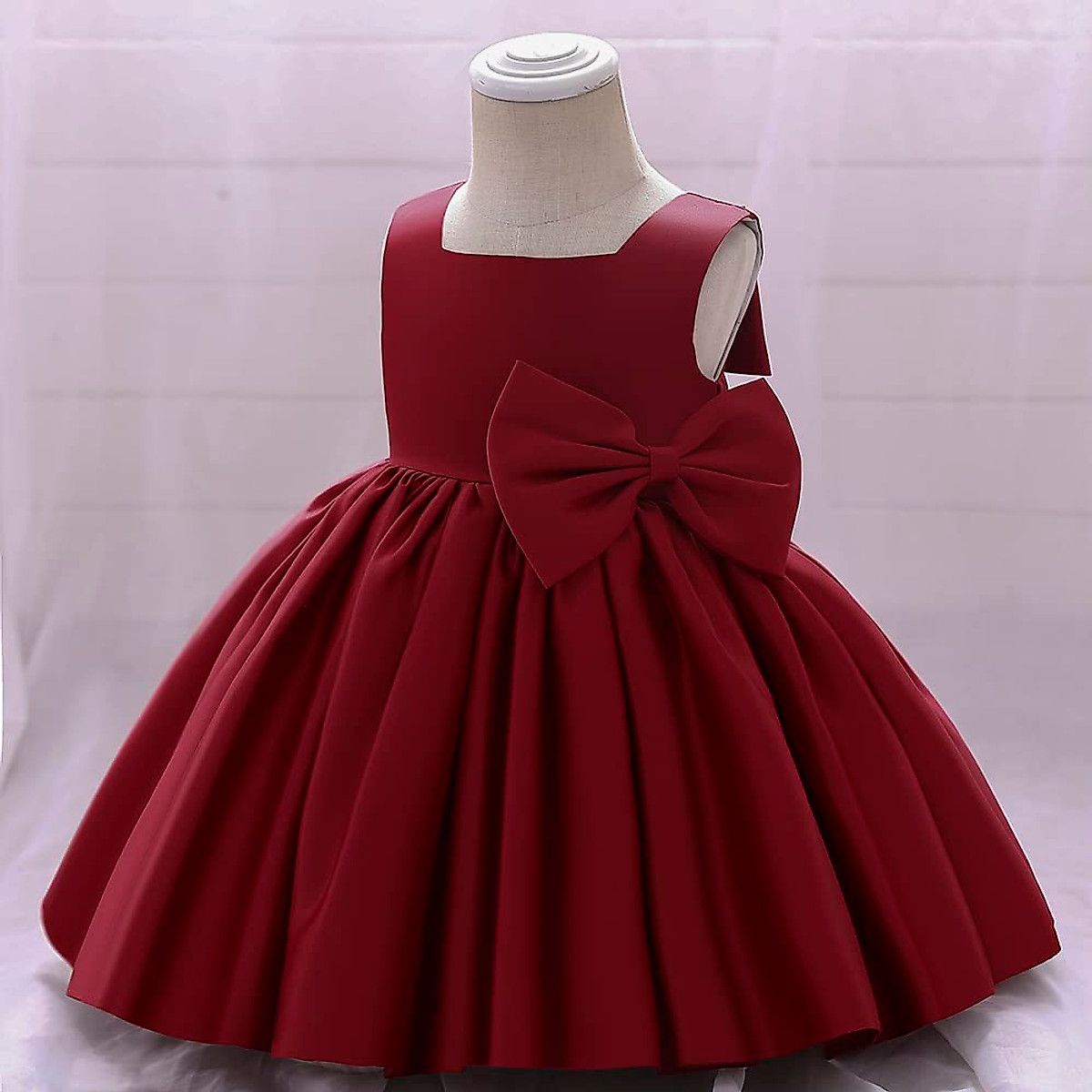 6M-8T Baby Girl Big Bowknot Birthday Pageant Dress Toddler Party Tutu Gown Baptism Dresses Burgundy 70
