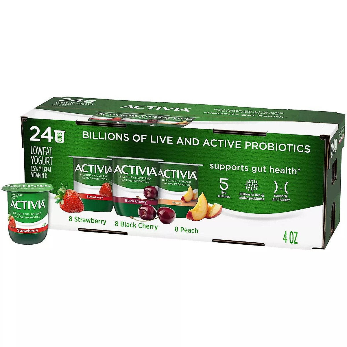 Activia Probiotic Lowfat Yogurt, Variety Pack - Milk Fat Vitamin D, Supports Gut Health - Strawberry, Black Cherry and Peach - 4 Pack (24 x 4 oz, Each) - Ready Set gourmet Donate a Meal Program