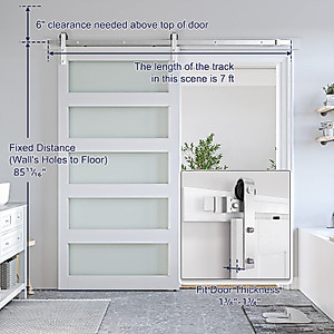SmartStandard 42 x 84 inch Glass Barn Door with 7FT Brushed Nickel Sliding Hardware Track Kit, Waterproof PVC Coating, White, 5-Panel Glass