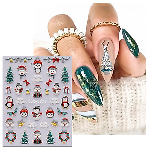 JMEOWIO 6 Sheets 3D Embossed Christmas Glitter Nail Art Stickers Decals Self-Adhesive Pegatinas Uñas 5D Snowman Elk Snowflake Xmas Winter Holiday Nail Supplies Nail Art Design Decoration Accessories
