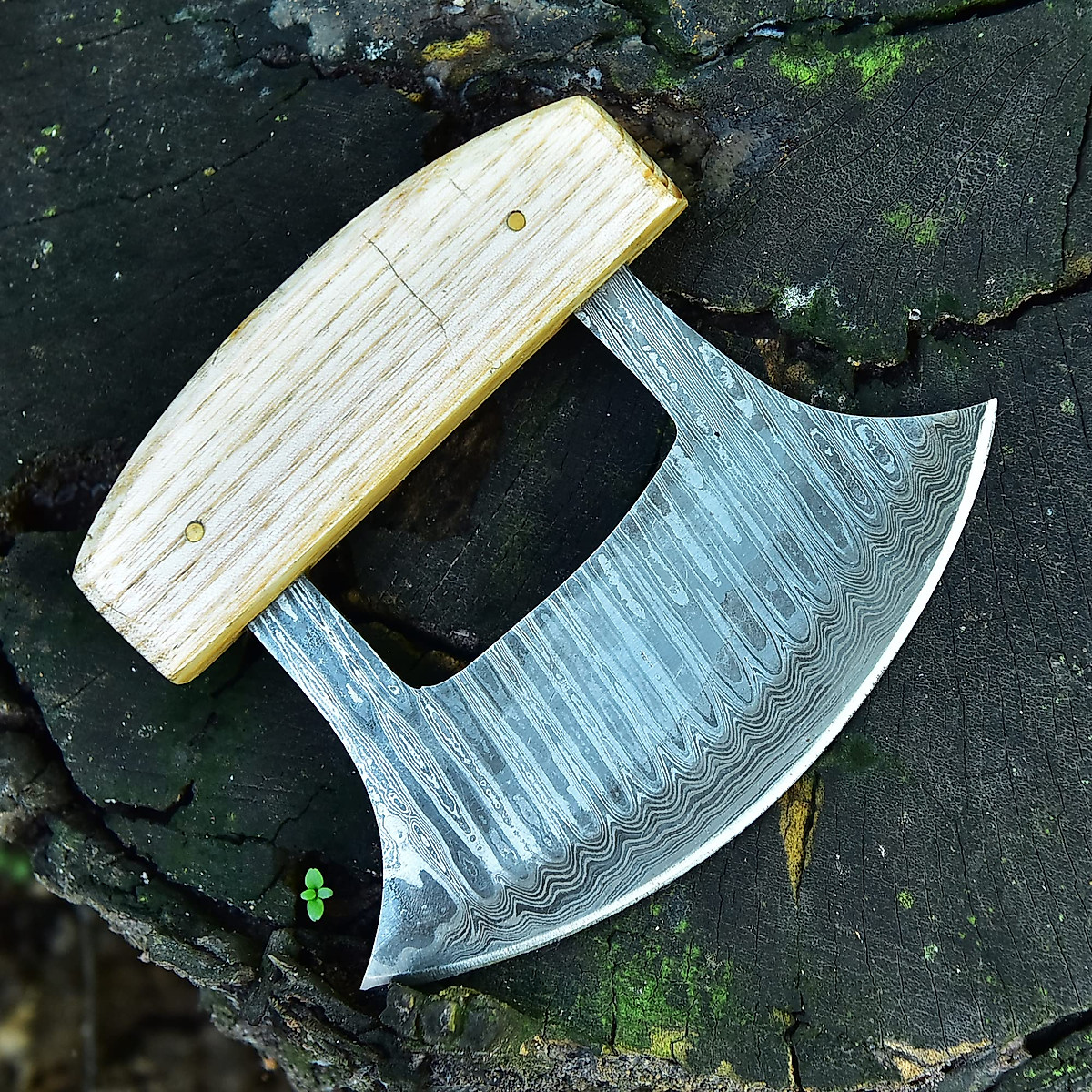 Handmade Damascus Steel Blade Ulu Knife,Chef Ulu Knife, Multi-Purpose Damascus Knives for Chopping, Skinning,Pizza Cutting, Rockers Knife, Traditional Kitchen Fixed Blade Knife with Leather Sheath