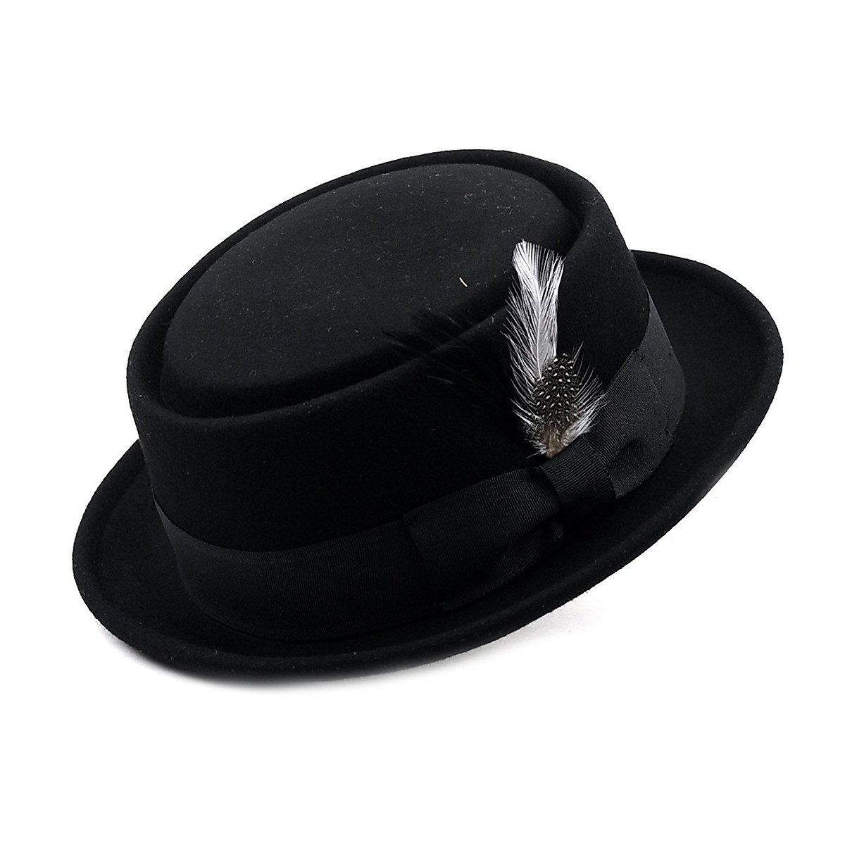 NYFASHION101 Mens Crushable Wool Felt Porkpie Hat w/Feather HE09 Bk-S/M Black