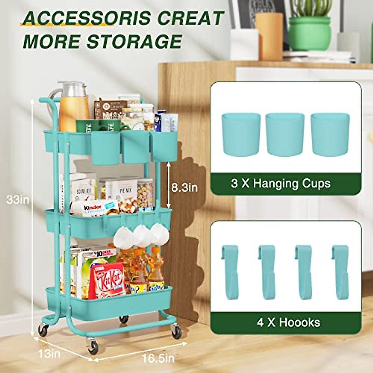3-Tier Rolling Mobile Utility Cart with Hanging Cups & Hooks & Handle Multifunctional Organizer Storage Trolley Service Cart with Wheels Easy Assembly for Office, Bathroom, Kitchen (Blue)