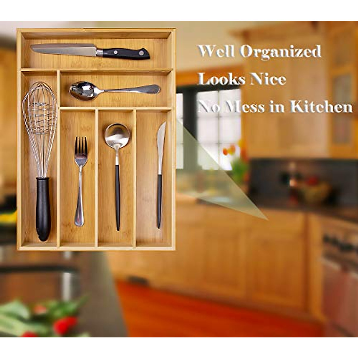 Kitchen Wood Utensil Tray Drawer Organizer, Bamboo Silverware Tray for Drawer 12X17 Cutlery Organizer in Drawer, Flatware Holder,Office Storage Drawer Organizers,Desk Drawer Dividers Insert