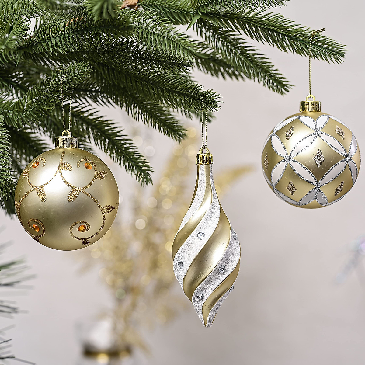 Valery Madelyn Hanging Ornament, 40ct White and Gold Shatterproof Christmas Ball Ornaments, Plastic, for Christmas Trees