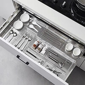 AOBOC Clear Plastic Kitchen Drawer Organizer with Two Adjustable Compartments,Flatware Organizer for Silverware,Cutlery or Kitchen Gadgets (3.9W×16.2L)