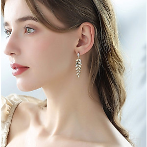 14K Gold Plated Olive Branch Leaf Cubic Zironia Cat Eye Dangle Earrings