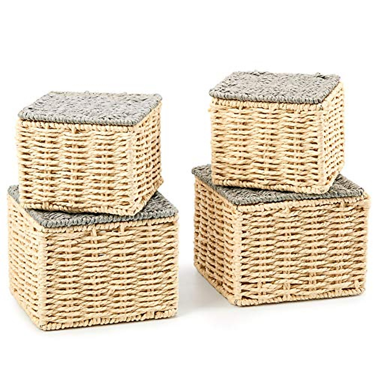 EZOWare Pack of 4 Paper Rope Wicker Storage Baskets with Lid, Lidded Woven Braided Organizer Cube Bins Boxes for Baby Kids Toy Nursery Room Home Closet - Beige and Gray