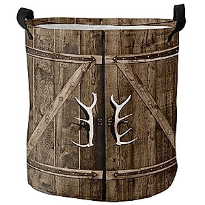 Laundry Basket Rustic Country Wooden Gate,Waterproof Collapsible Clothes Hamper Vintage Farm Barn Door with Antler Handles,Large Storage Bag for Bedroom Bathroom 16.5x17In